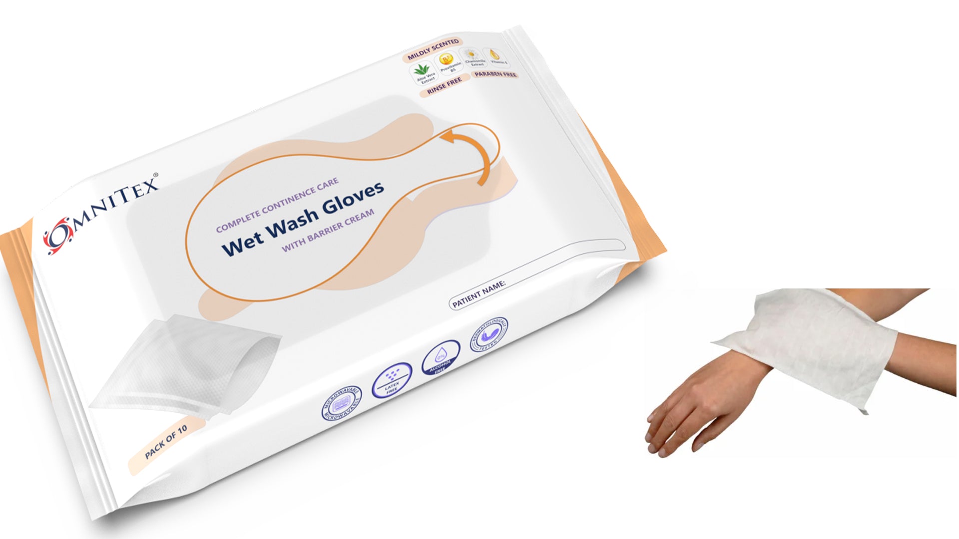 Omnitex Bed Bath Wet Wash Gloves with barrier cream, rectangular shape ...
