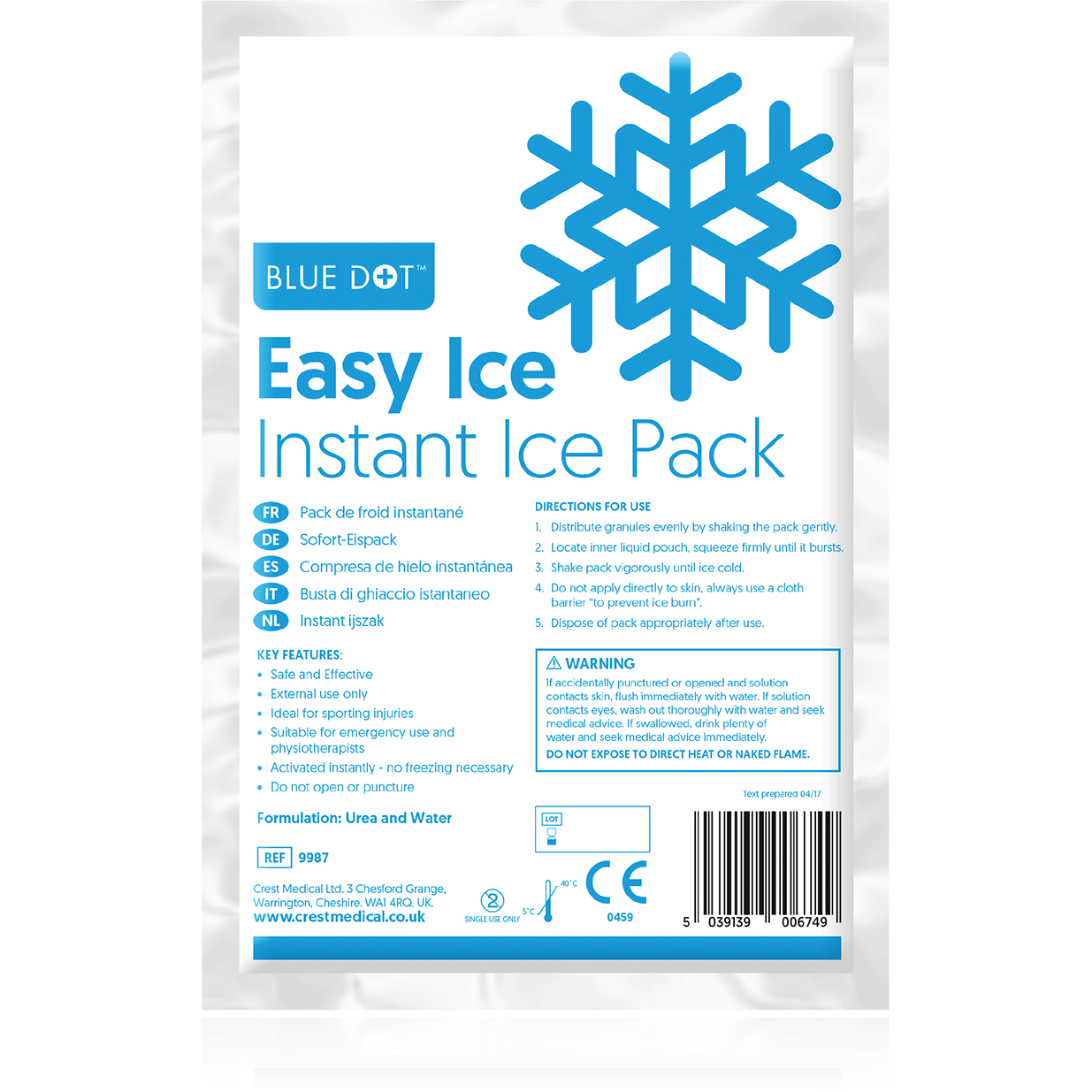 Blue Dot Easy Ice SMALL Multi-Language Instant Ice Pack 19cm x 13cm (E ...